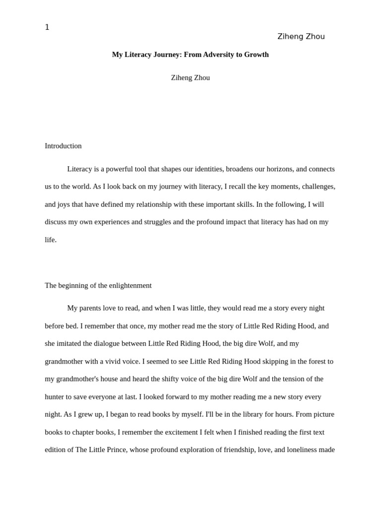 My Literacy Journey Draft - Jim Zhou | PDF | Literacy