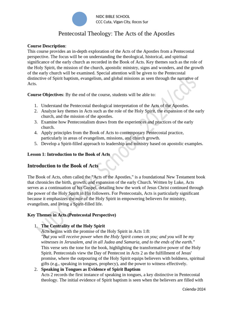 Lessonin Pentecostal Theology The Acts of The Apostles | PDF | Baptism ...