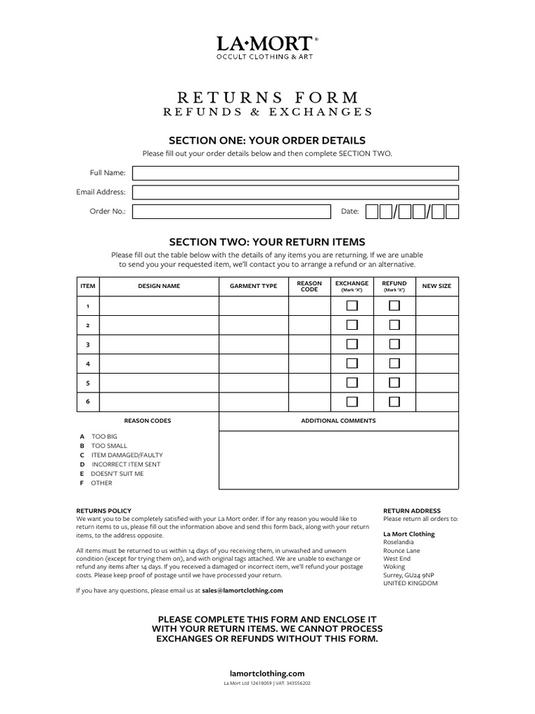 La_Mort_Clothing_Returns_Form_fillable | PDF | Clothing | Fashion