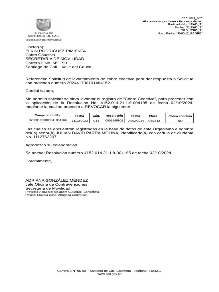 Solicitud Levantamiento Cobro Coactivo Cali | PDF