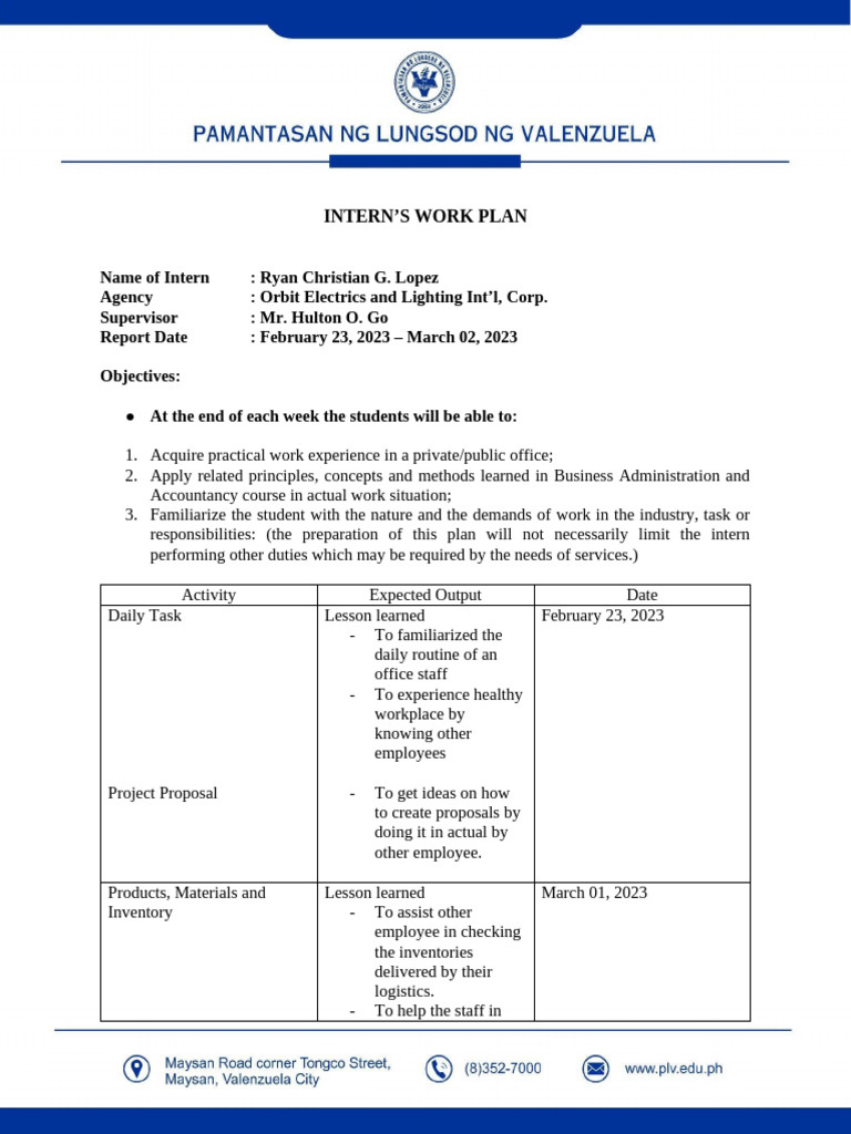 Intern's Work Plan Lopez (.) | PDF | Experience | Inventory