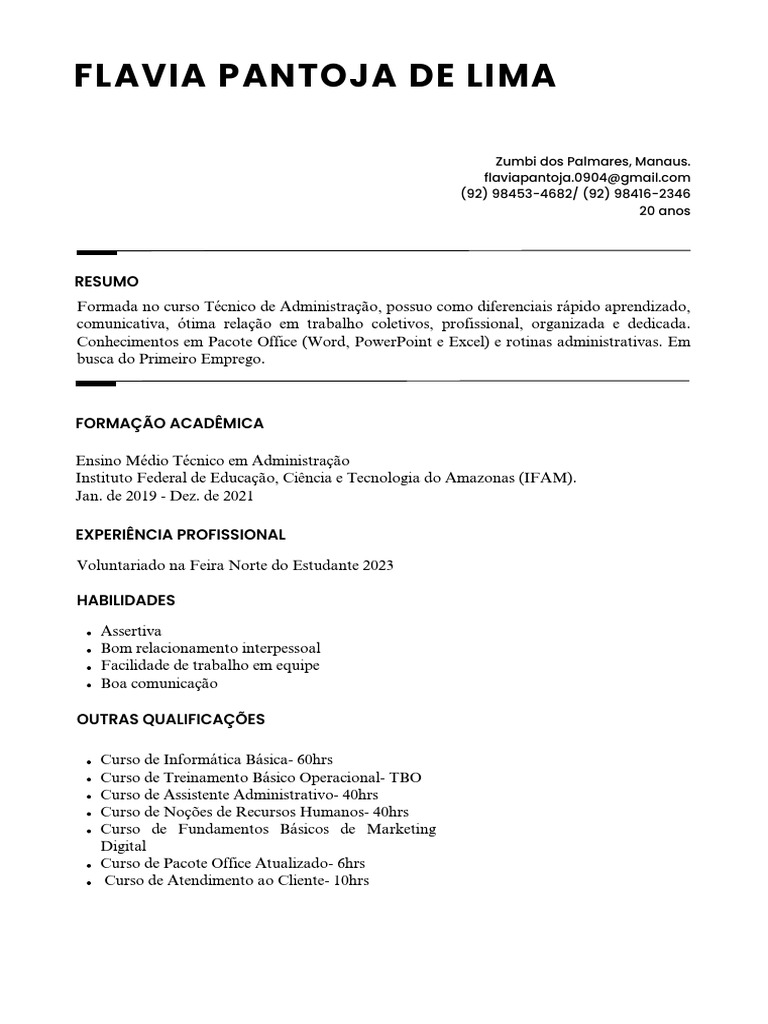 Currículo de Flavia Pantoja Lima | PDF