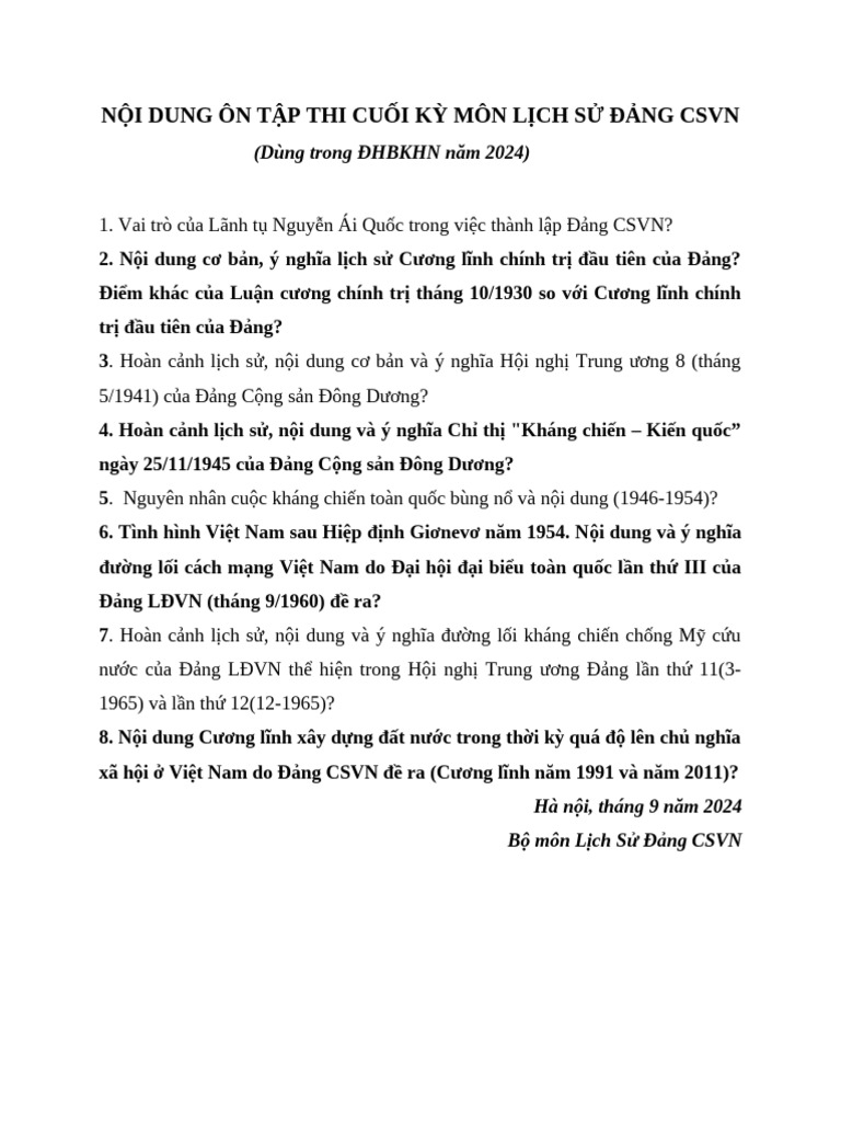 Nội dung ôn tập môn Lịch sử Đảng CSVN | PDF