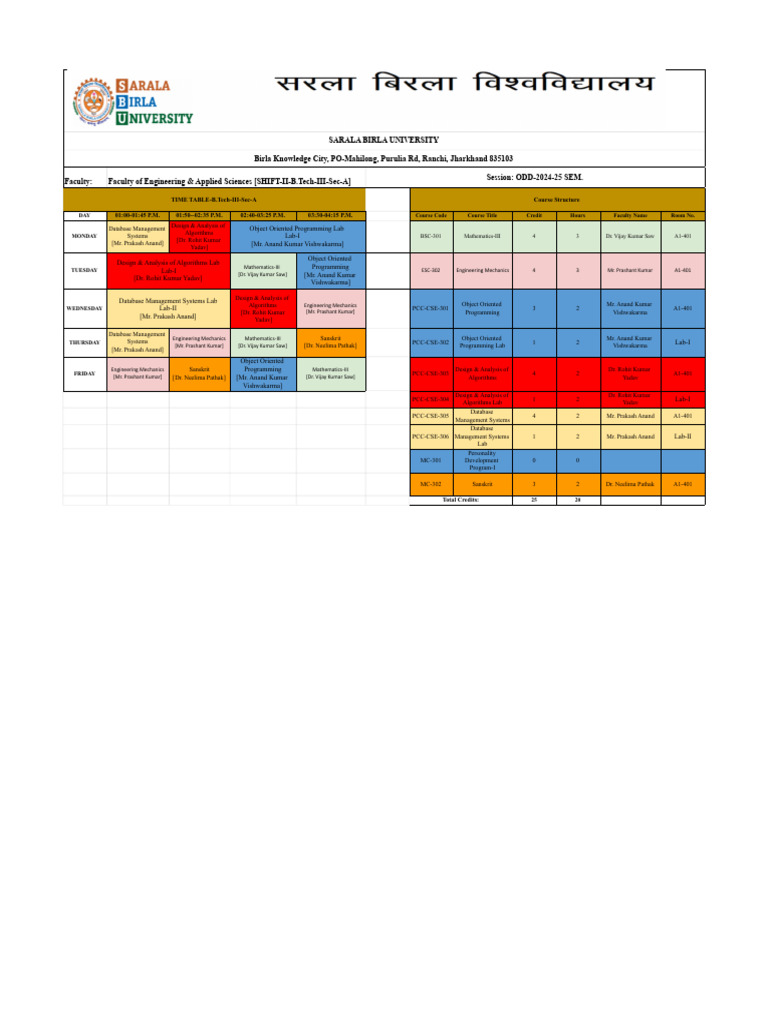 B.Tech 2024-25 Odd Semester Timetable | PDF | Automata Theory | Computing