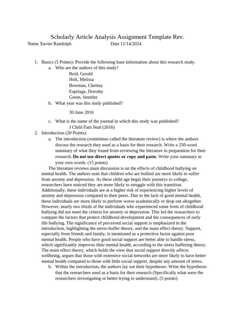 Scholarly Article Analysis Assignment Template Rev. (2) | PDF | Social Support | Bullying