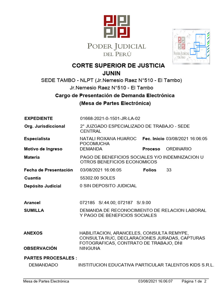 01668-2021, Beneficios Sociales, REMYPE | PDF | Demanda judicial | Ley ...