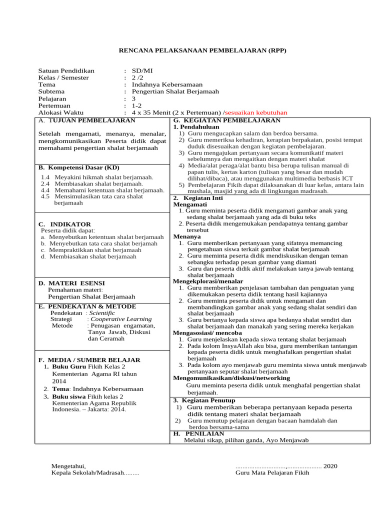 2.RPP Fikih Kelas 2 Semester 2 Pelajaran 3 Bagian 1-2 | PDF
