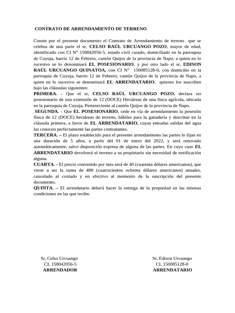 Modelo Contrato de Arrendamiento de Terreno Agrícola | PDF