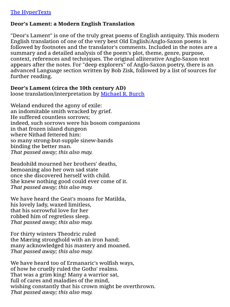 Deor's Lament Modern English Translation | PDF | Metre (Poetry) | Poetry