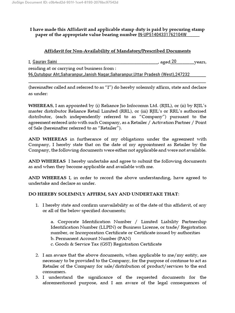 PoS Affidavit For Non Availability of Documents - 9 Oct | PDF | Affidavit | Private Law