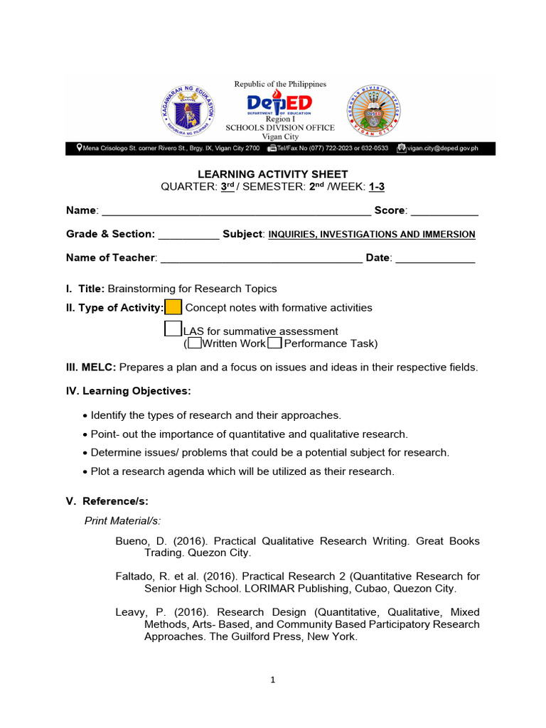 LAS_III_12_MELC_1_Week_1 | PDF | Quantitative Research | Qualitative Research