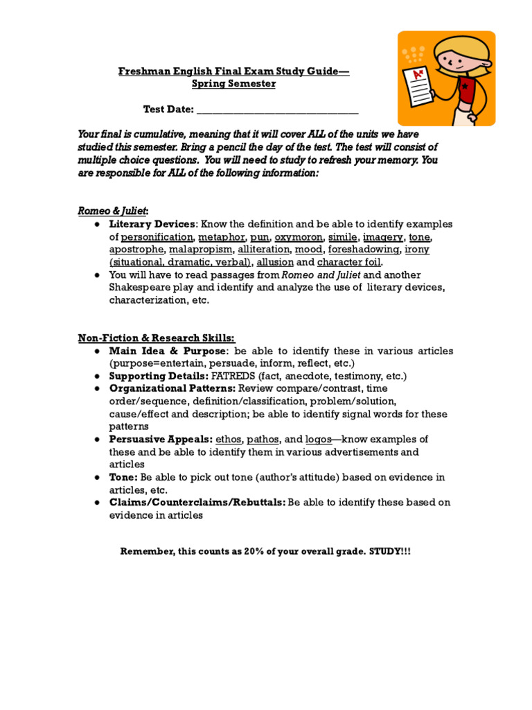 2023 Freshman Spring English Final Exam Study Guide | PDF