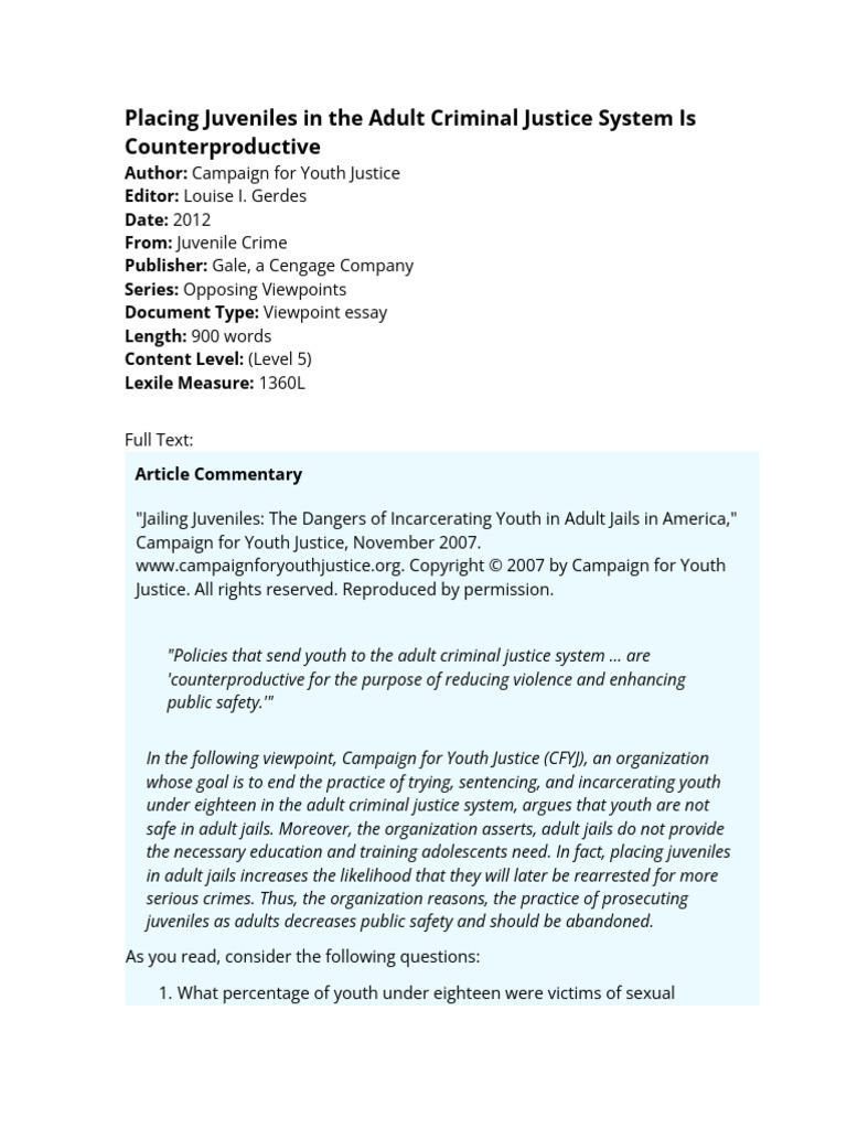 2023 Placing Juveniles in The Adult Criminal Justice System Is ...