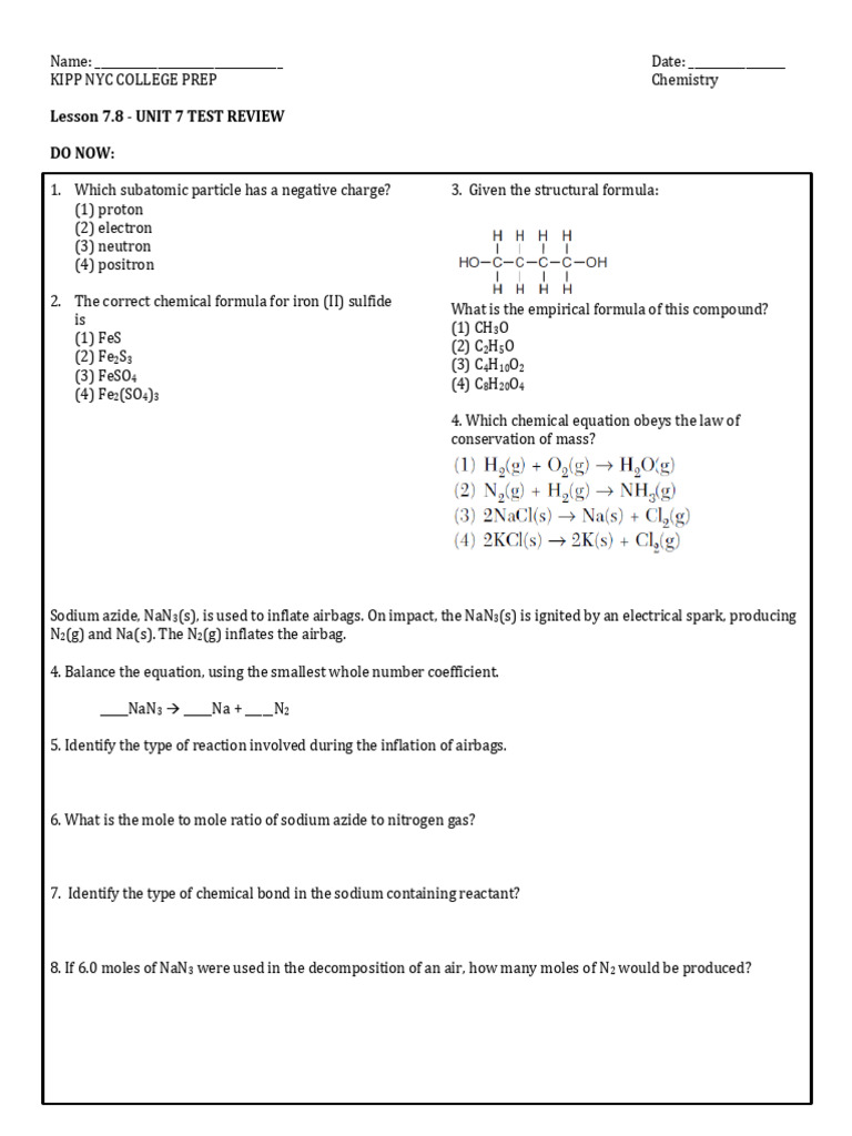 Unit 7 Test Review Pdf Chemical Reactions Chemical Substances