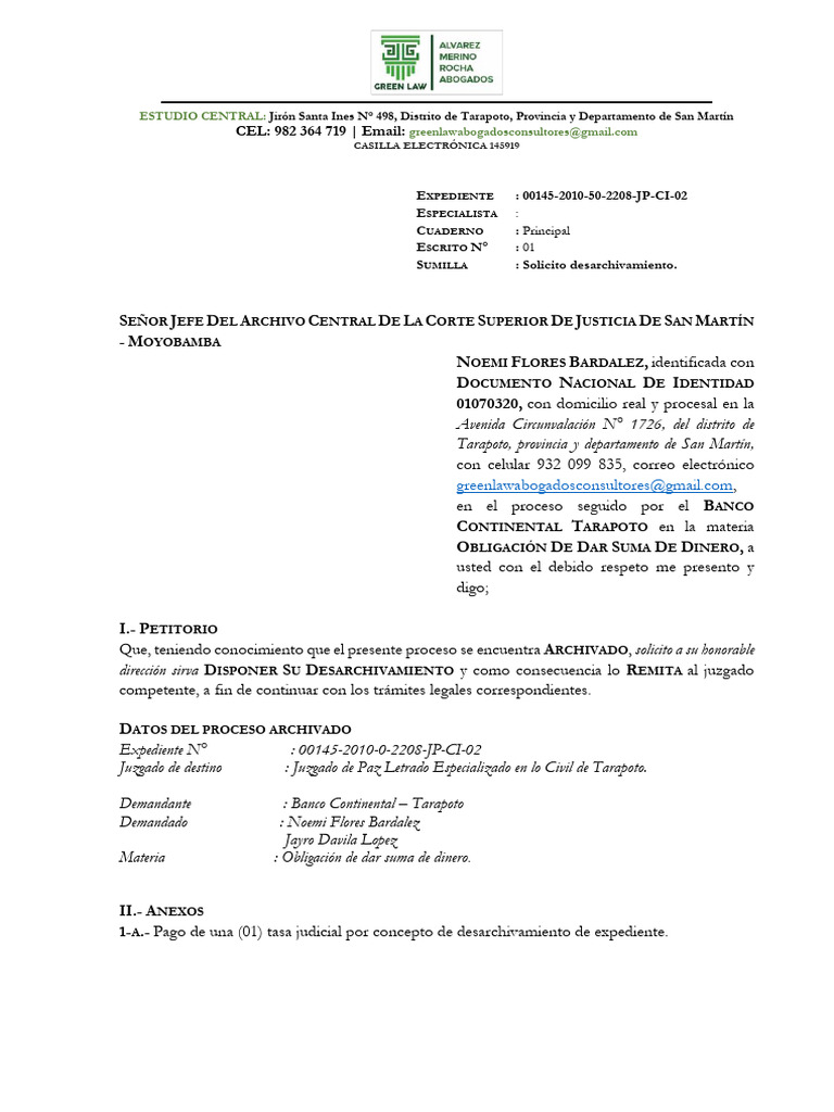 Escrito 01 Pj Solicito Desarchivamiento | PDF | Separación de poderes | Justicia