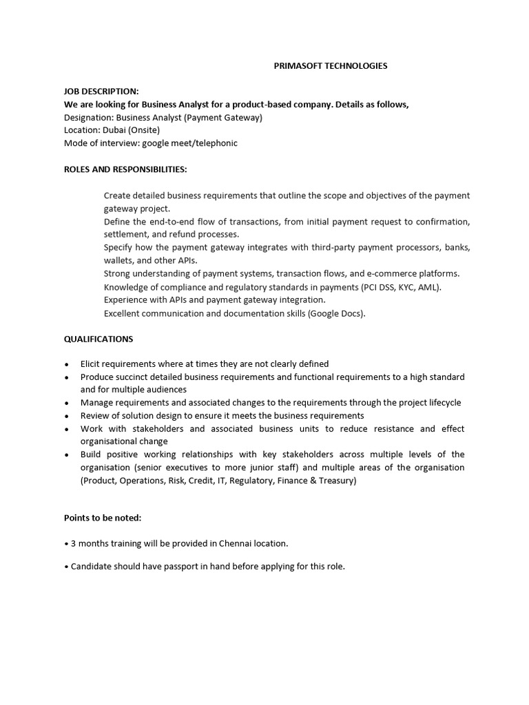 Business Analyst (Payment Gateway) - Primasoft | PDF
