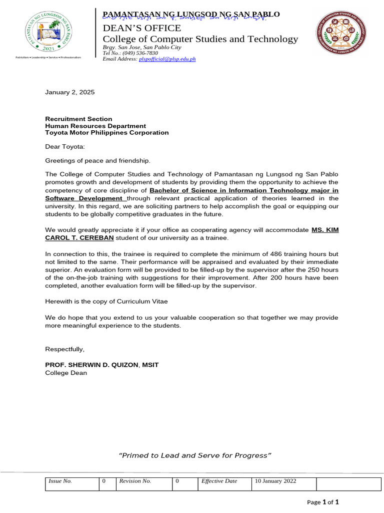 Ojt Endorsement Letter Form 2 | PDF