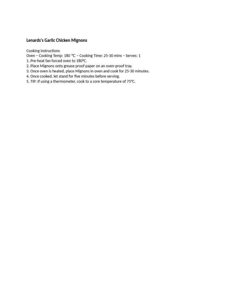 Lenards's Garlic Chicken Mignons - Cooking Instructions | PDF
