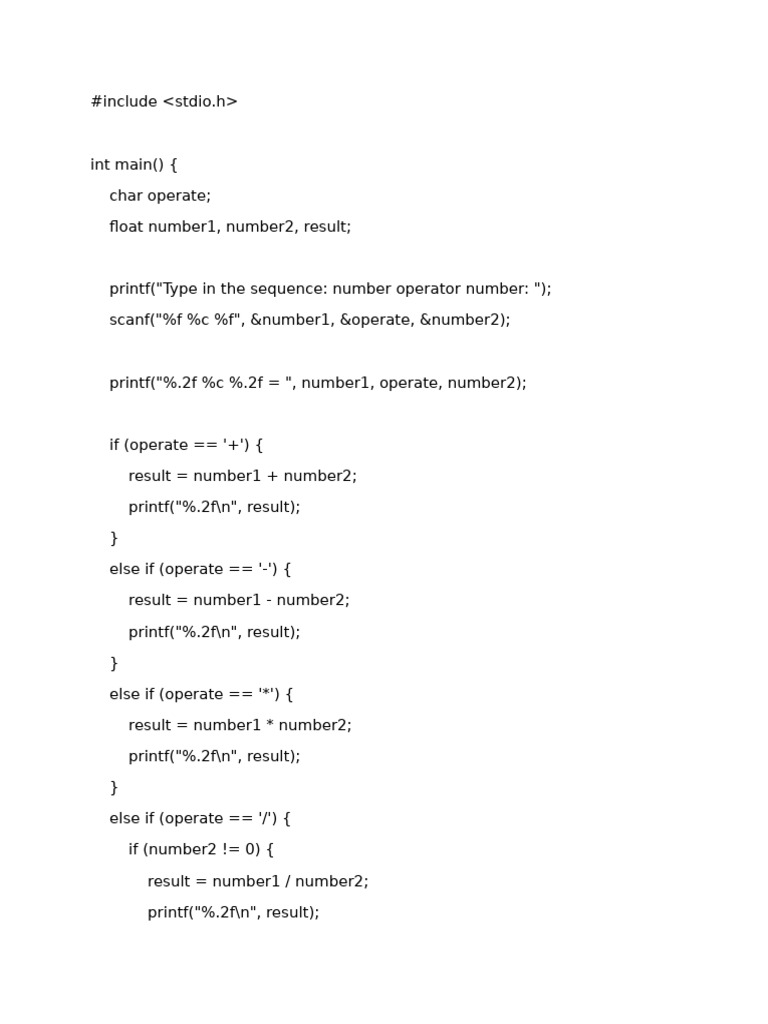 Simple C Calculator Program | PDF