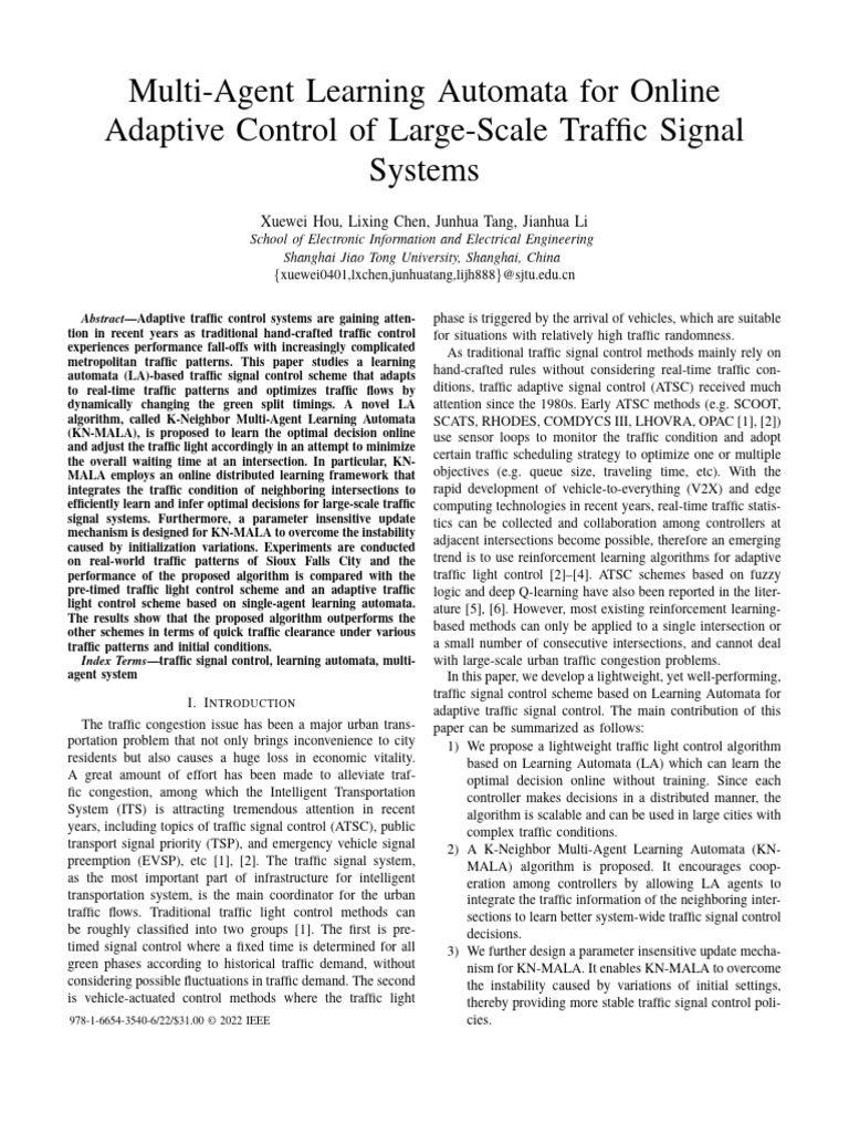 Multi Agent Learning Automata For Online Adaptive Control of Large Scale Traffic Signal Systems ...