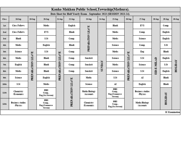 Date Sheet Half Yearly Exam | PDF