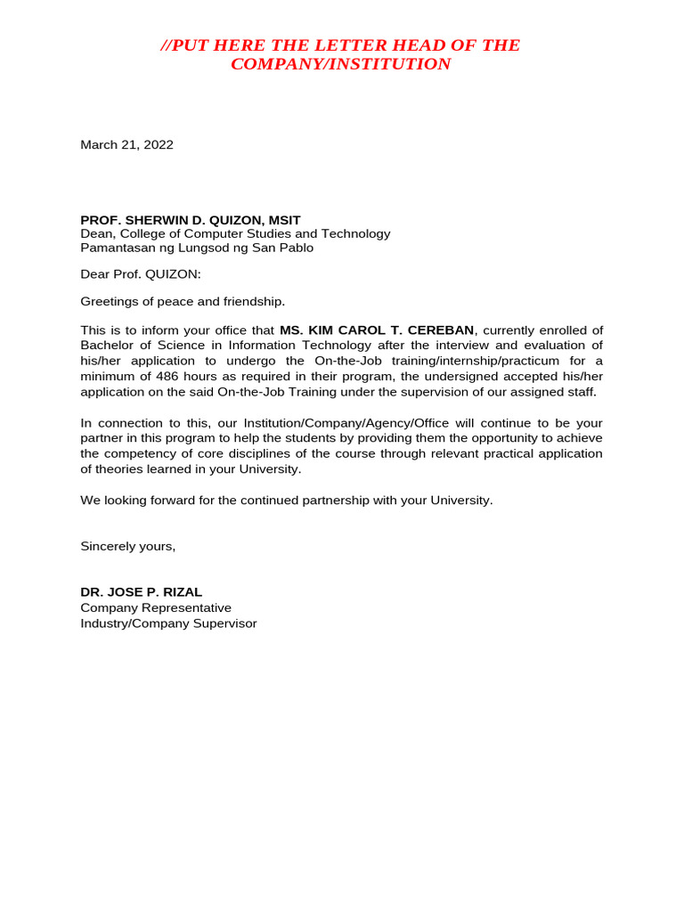 Ojt Acceptance Letter by The Institution Form 3 | PDF