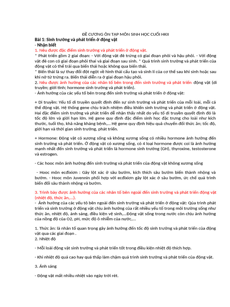ĐỀ CƯƠNG ÔN TẬP MÔN SINH HỌC CUỐI HKII | PDF