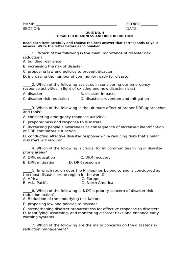 Disaster Readiness and Risk Reduction Quiz | PDF | Disaster Risk ...
