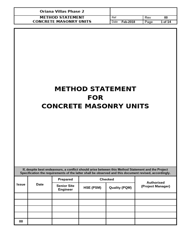 Method Statement For Masonary | PDF | Masonry | Concrete