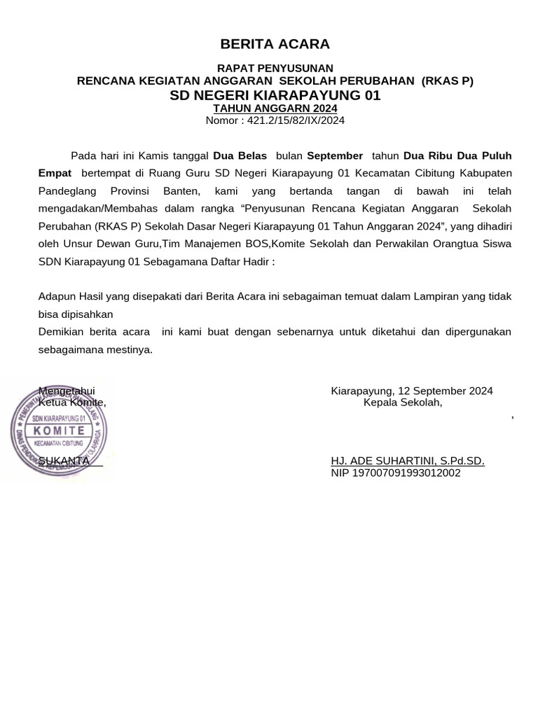 BERITA ACARA PENYUSUNAN RKAS 2024 | PDF