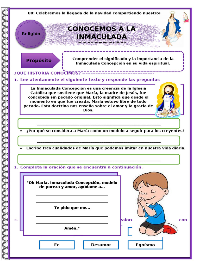 U8-Ficha-D5-Reli-Conocemos A La Inmaculada Concepción | PDF | María, madre de Jesús | Amor