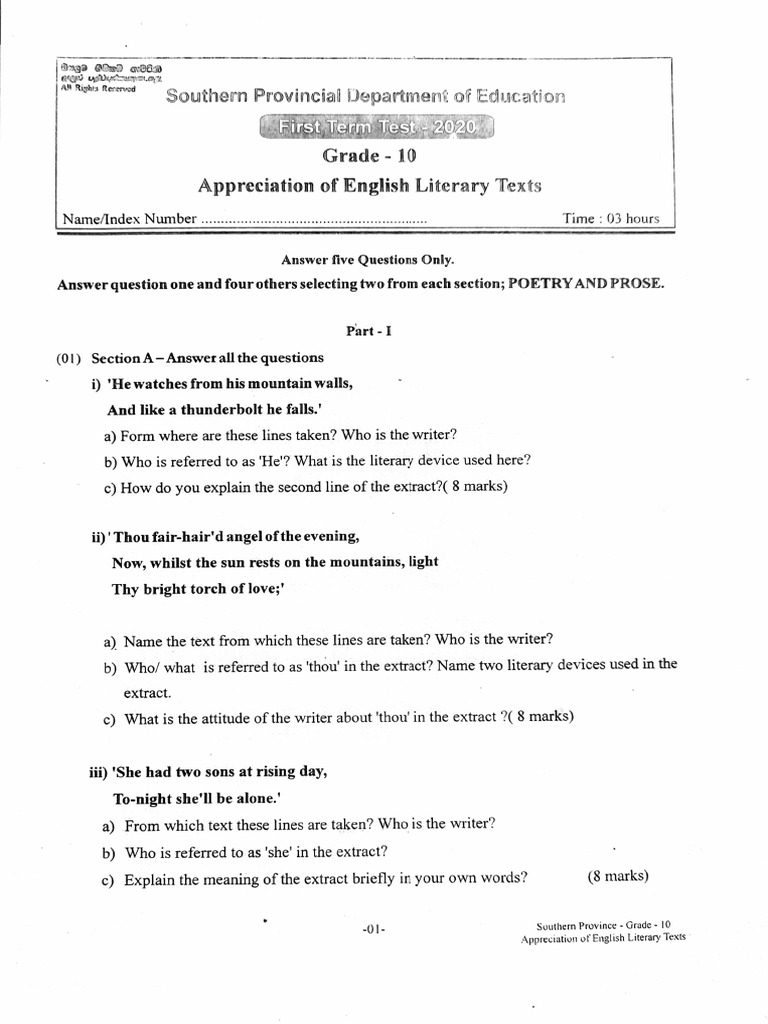 Grade 10 English Literature Test 2020 | PDF