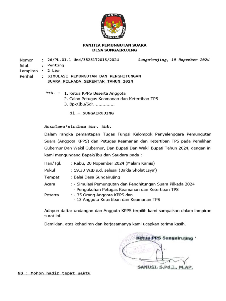 Undangan - Simulasi Tungsura Pilkada Tahun 2024 - PPS Sungairujing | PDF