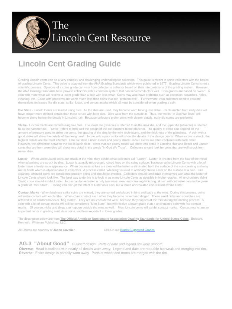 Lincoln Cent Grading Guide | PDF | Coins | Currency
