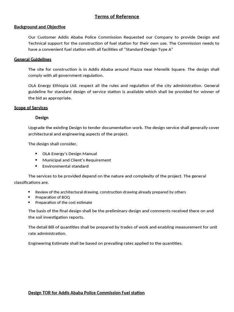 Design Terms of Reference For Addis Ababa Police.f | PDF | Filling Station