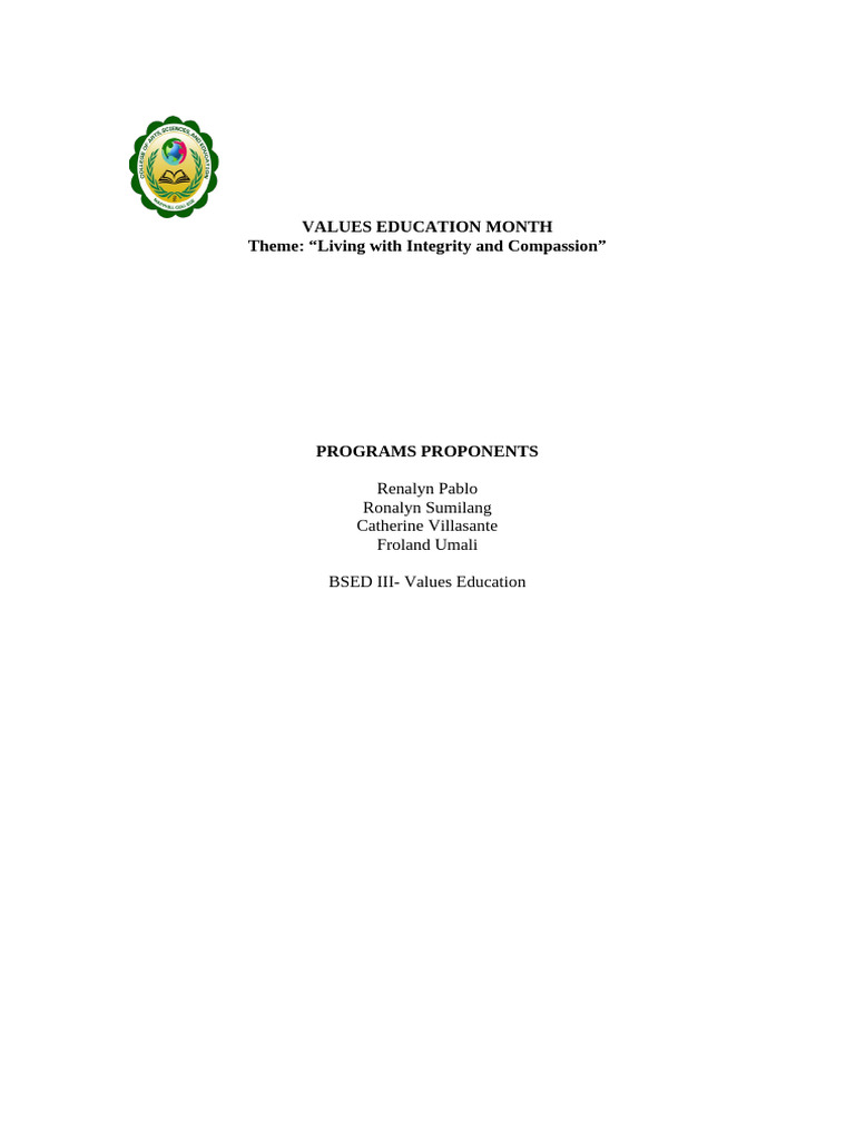 Values Education Month | PDF | Integrity | Compassion