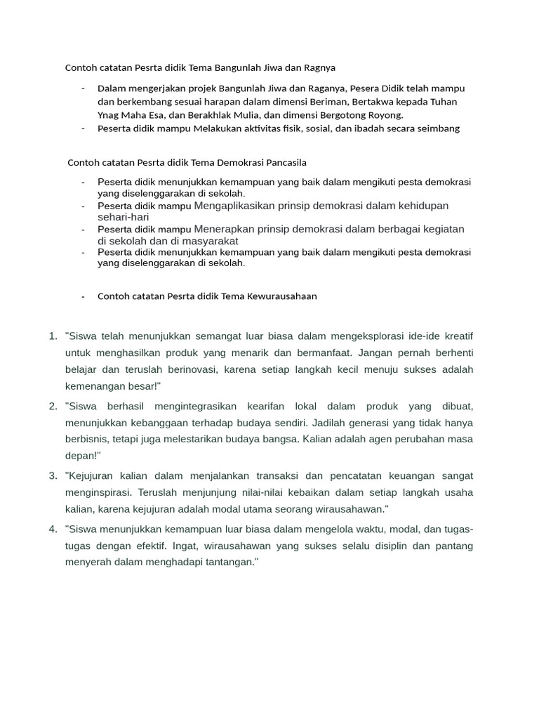 Contoh Catatan Raport P5RA Untuk Tema Bangun Jiwa Dan Ragnya, Demokrasi ...