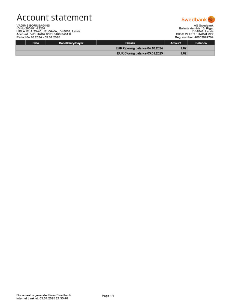 Swedbank Account Statement 2024-2025 | PDF