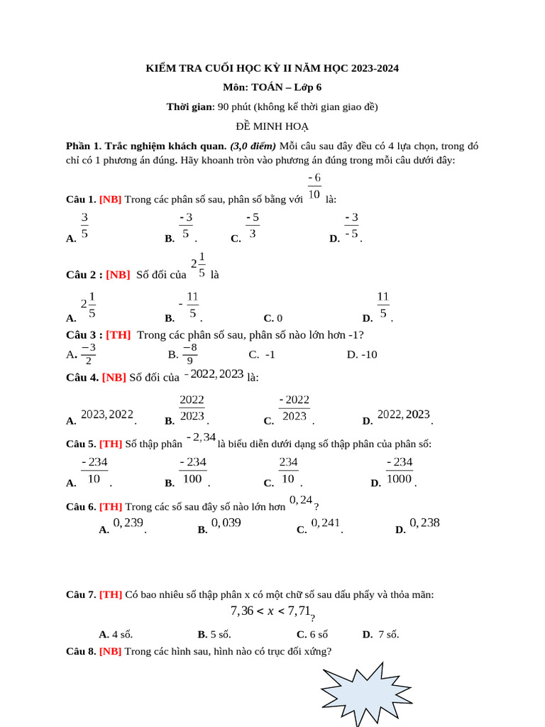 BTĐ A - TOÁN 6 HKII | PDF