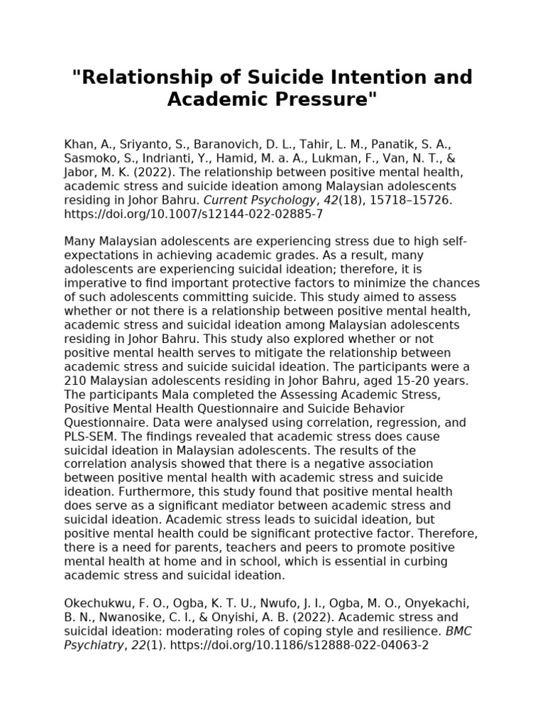 Relationship of Suicide Intention and Academic Pressure | PDF | Psychological Resilience ...