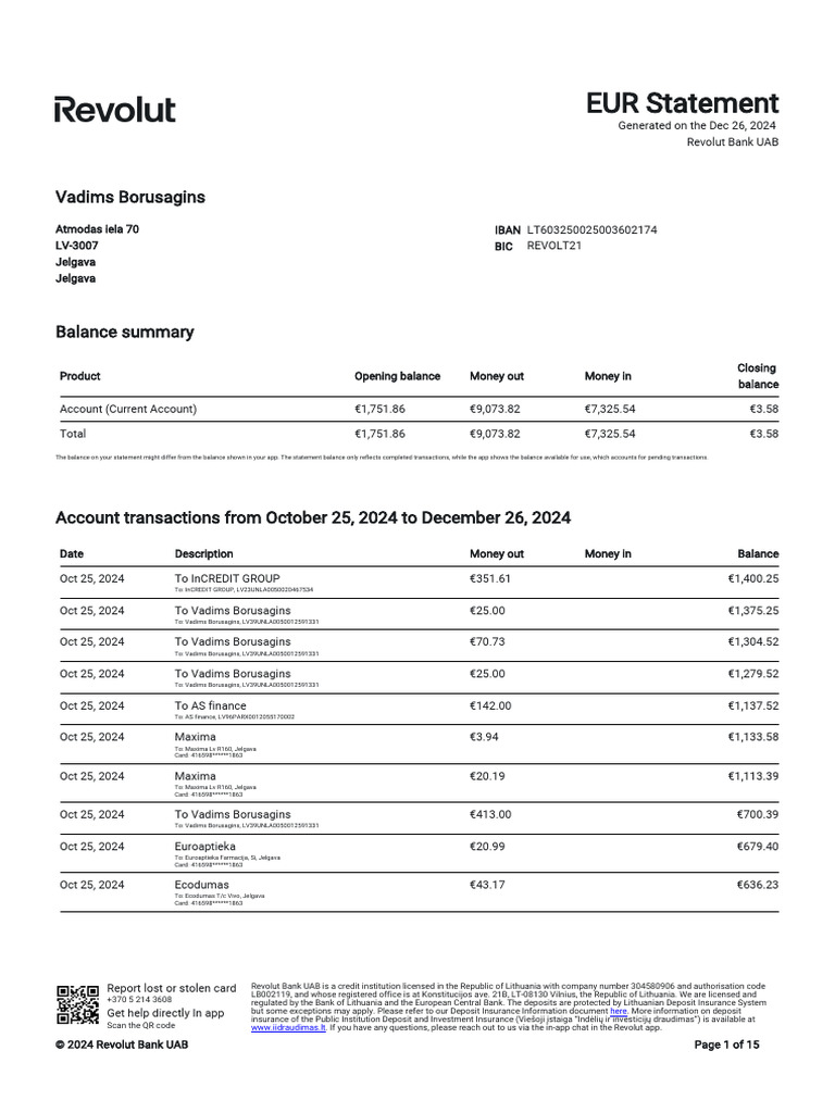 Revolut EUR Account Statement Summary | PDF | Banks | Lithuania