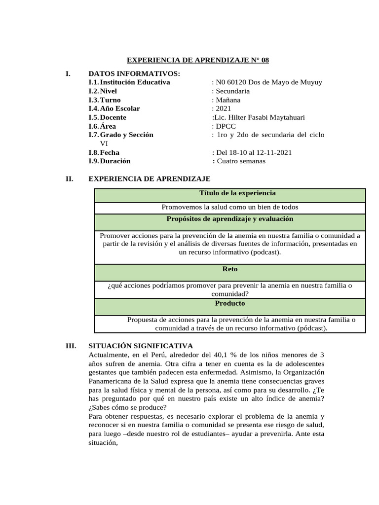 Experiencia 8 de DPCC 1er y 2do | PDF | Evaluación | Aprendizaje