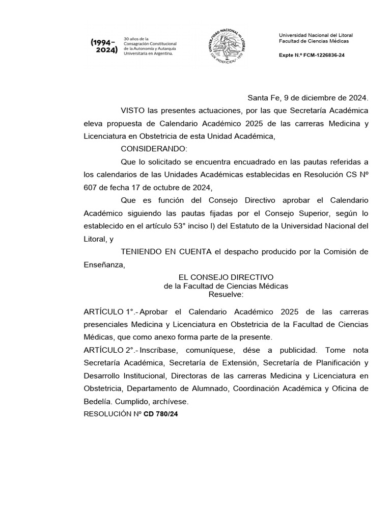 Resol-CD-780-24-Aprobando-Calendario-Academico-2025-MEDICINA-Y-LOB | PDF | Academia