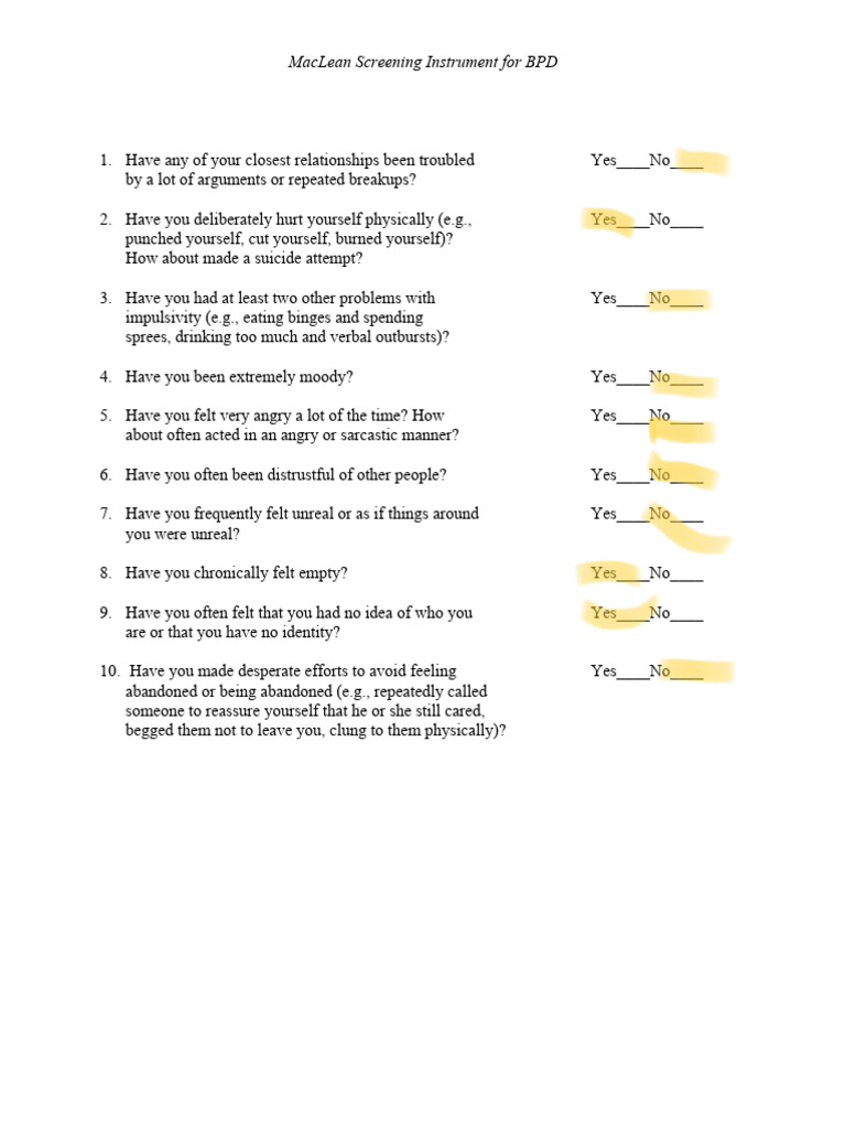 MacLean BPD Screening Questionnaire | PDF