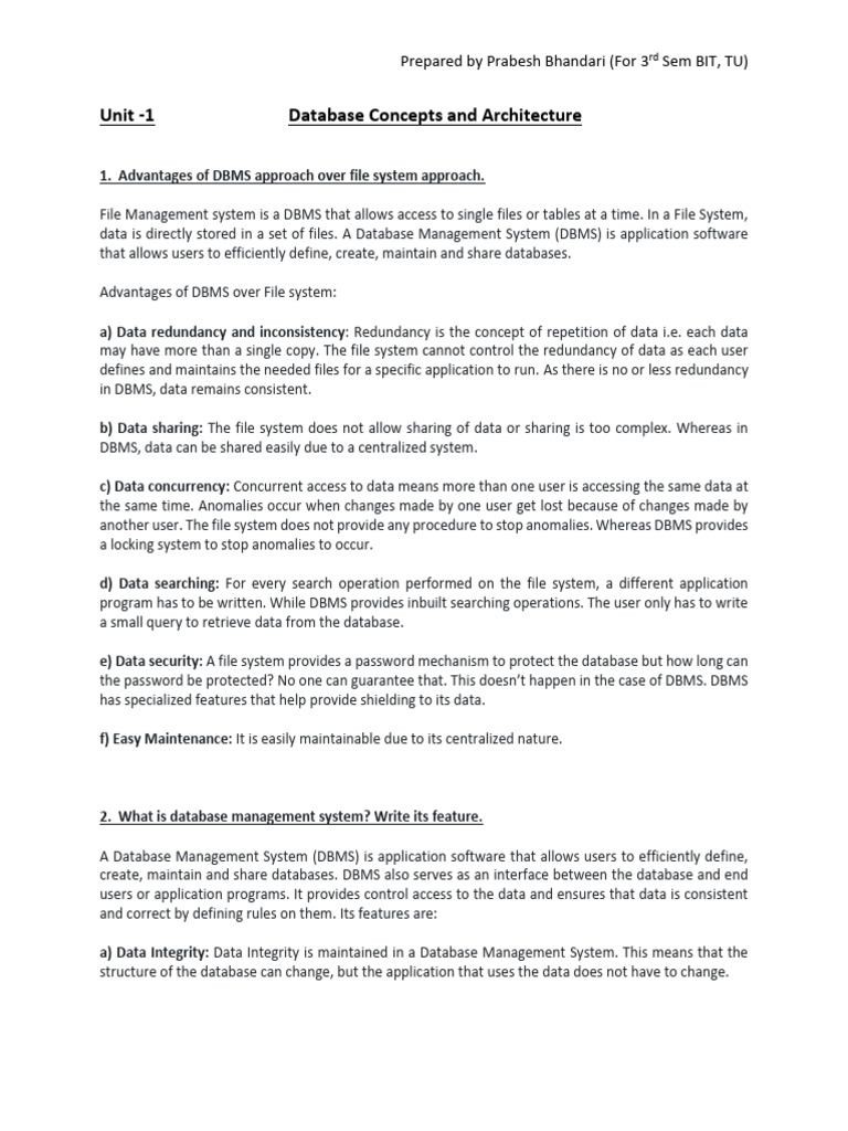 Unit 1 Database Concepts and Architecture bitinfoNepal | PDF | Databases | Relational Model