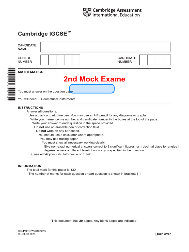 2nd Mock Exam Cambridge IGCSE 2025& | PDF | Area | Elementary Mathematics