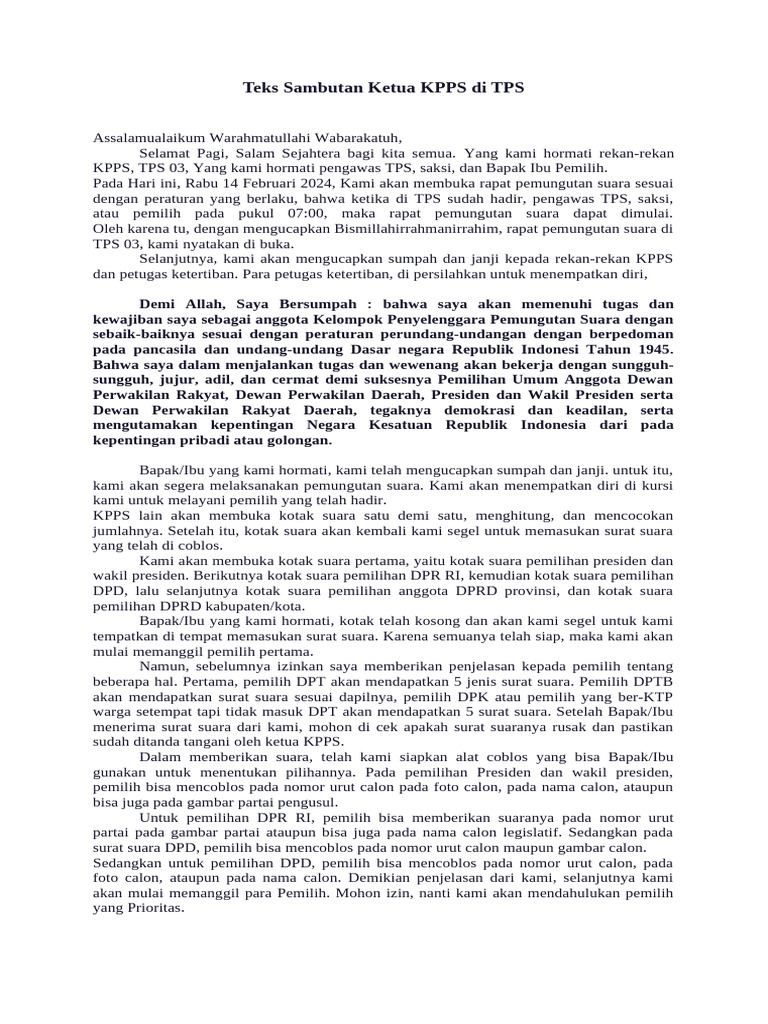 Teks Sambutan Ketua KPPS di TPS | PDF