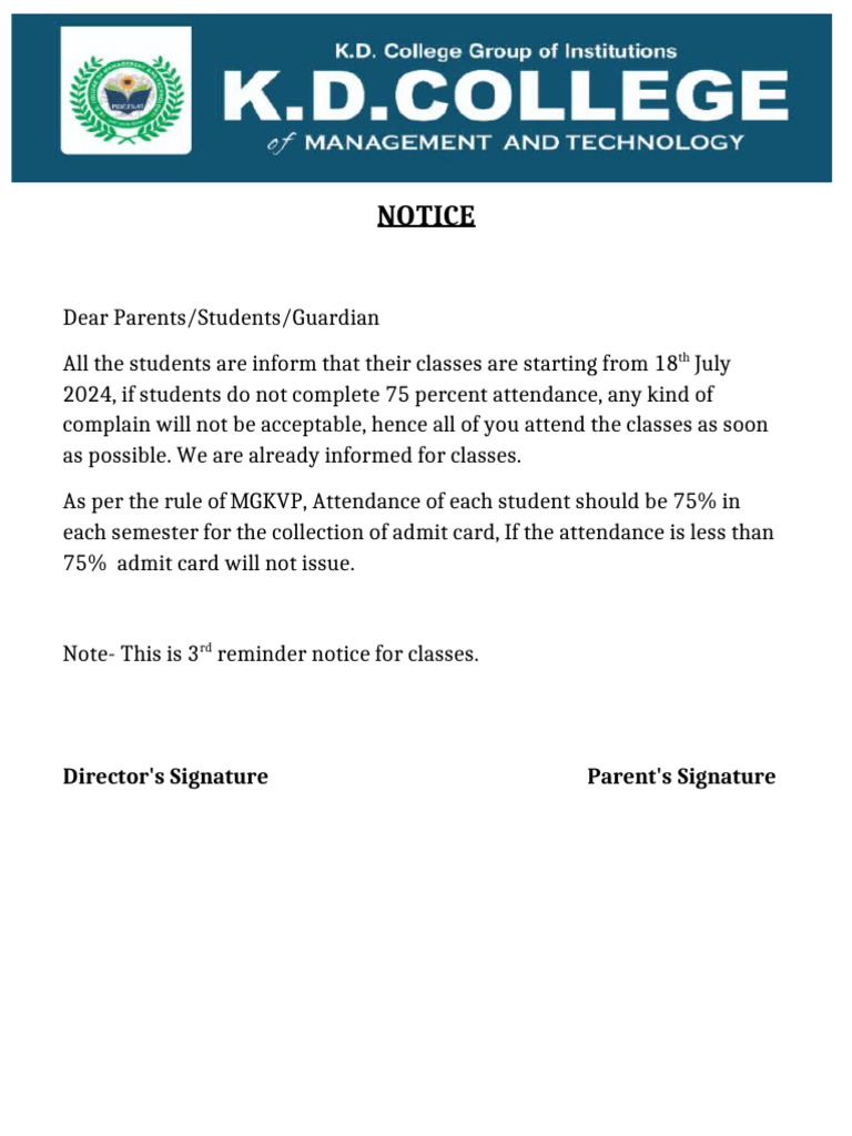 Notice For Attending Classes | PDF