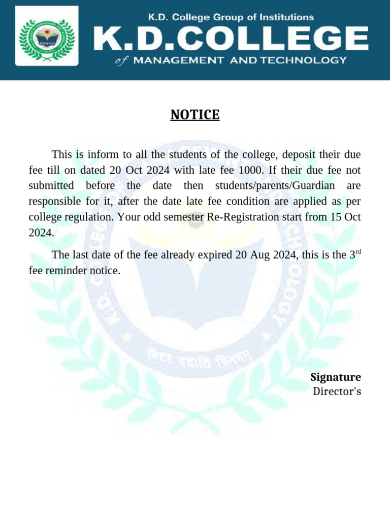 Notice For Fee Submission | PDF