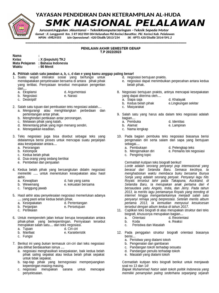 Soal Kelas X Bahasa Indonesia Semester Genap TP 2022 2023 | PDF